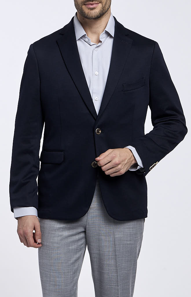 Construct Knit Textured Solid Navy Blazer – Stately